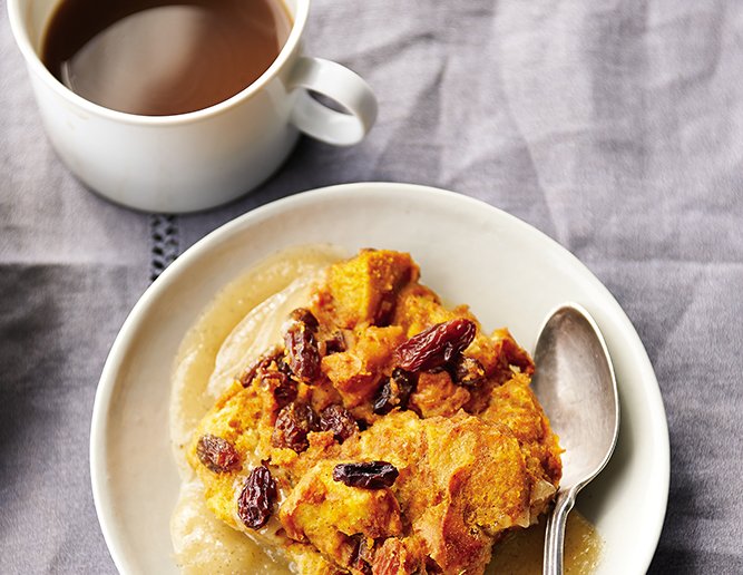 Pumpkin Pie Bread Pudding with Brandy Nog Creme Anglaise